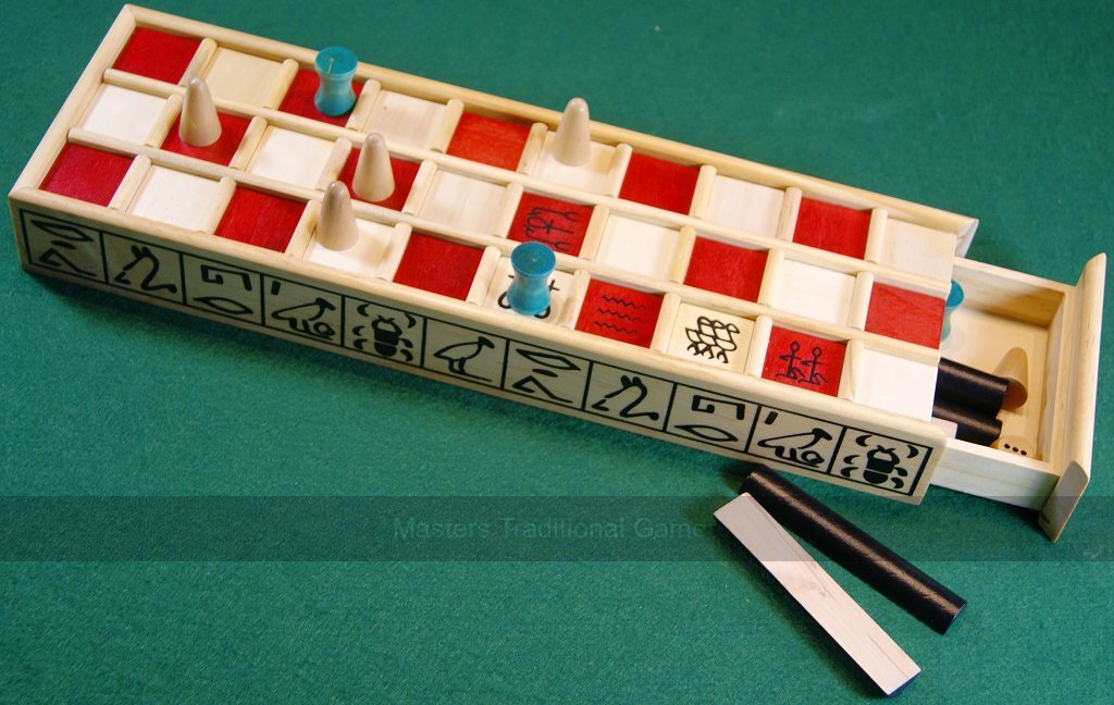 Ancient Egyptian Senet Game - Wooden Board (Red Squares) & Binary Dice